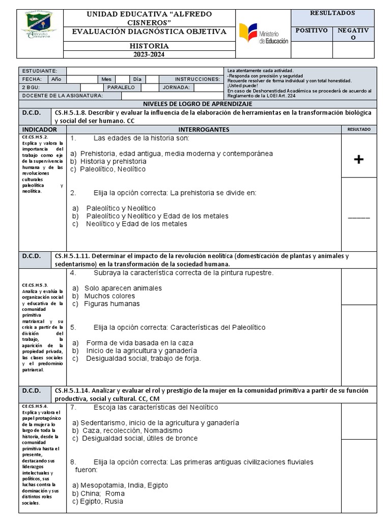 Diagnostico 2 Bgu Historia | PDF | Agricultura | Neolítico