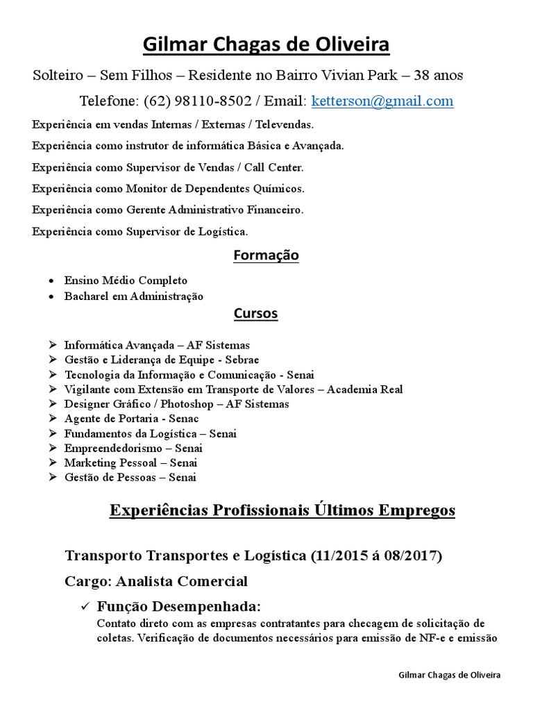 CV - Gilmar Chagas de Oliveira | PDF | Logística | Marketing