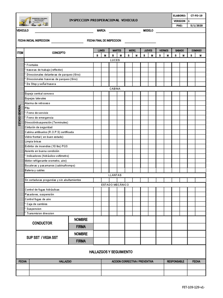 Formato de Inspecciones Preoperacionales | PDF | Seguridad y salud ocupacional