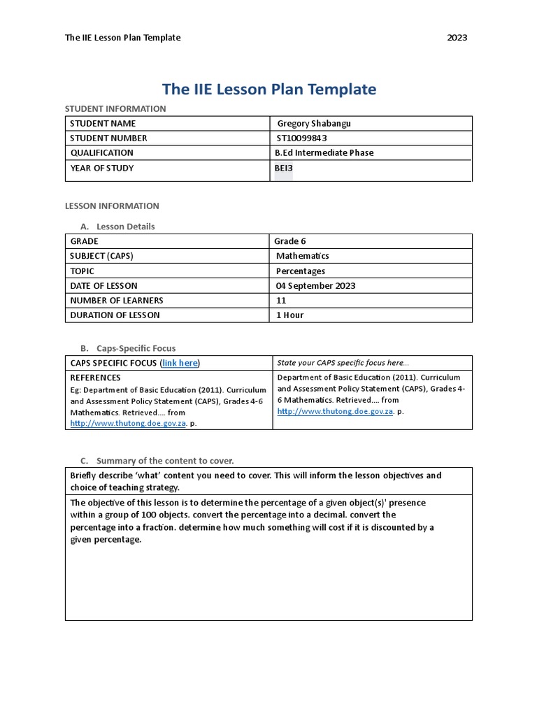 Math Percentage Lesson Plan Template | PDF | Learning | Lesson Plan