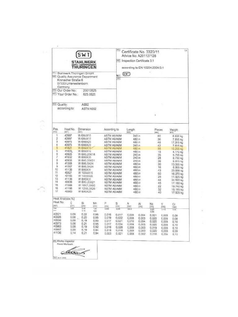 W8 X 15 Mill Cert RFI | PDF