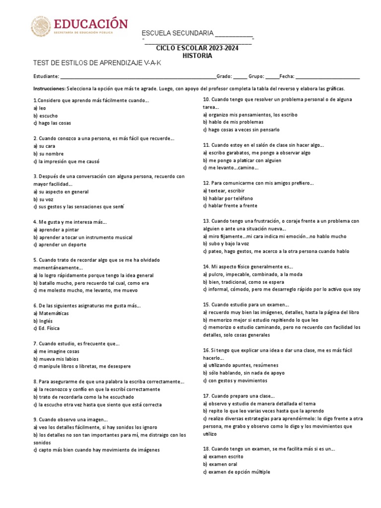 TEST VAK. CICLO ESCOLAR 2023-2024, Logo SEP | PDF