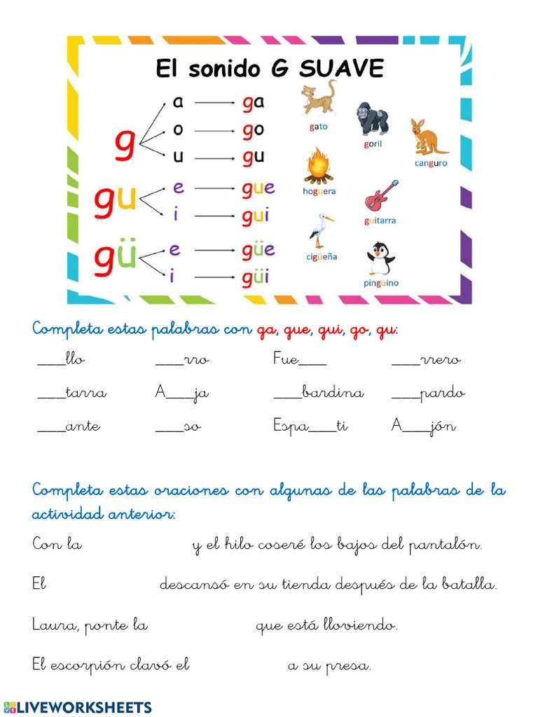 Completa Estas Palabras Con, ,, ,:: Ga Gue Gui Go Gu | PDF