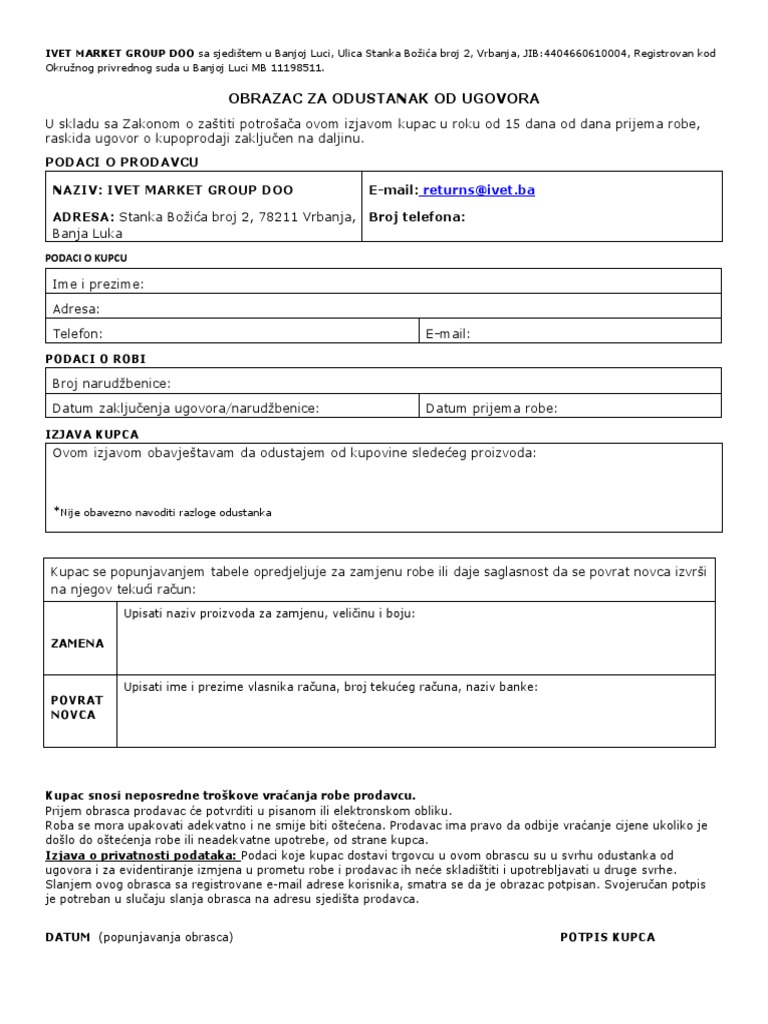 Obrazac Za Odustanak Od Ugovora BA | PDF