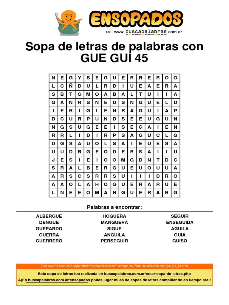 Sopa de Letras de Palabras Con Gue Gui - 45 | PDF