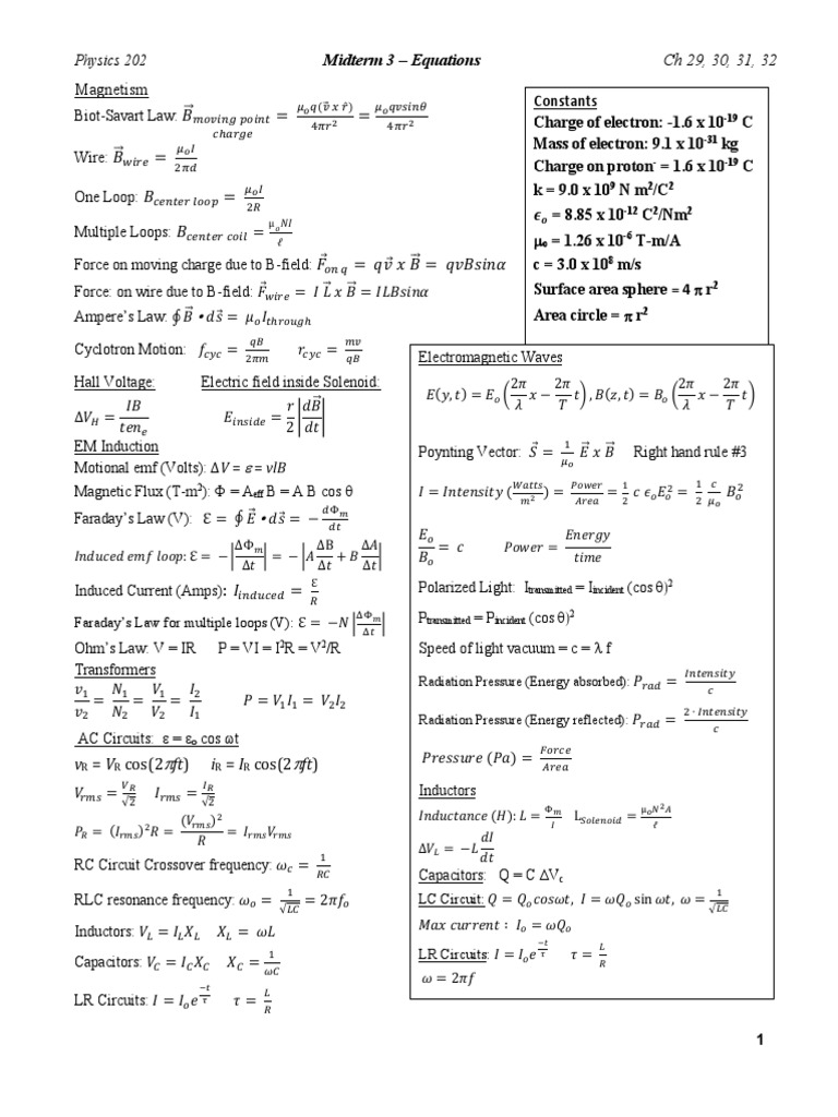 Phys 202 Midterm 3 Equations | PDF | Classical Mechanics | Physics