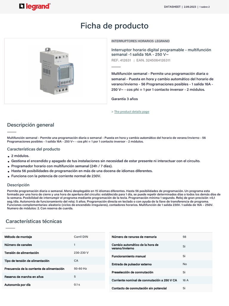 Ficha Legrand Timer 412631 | PDF | Bienes manufacturados | Electricidad