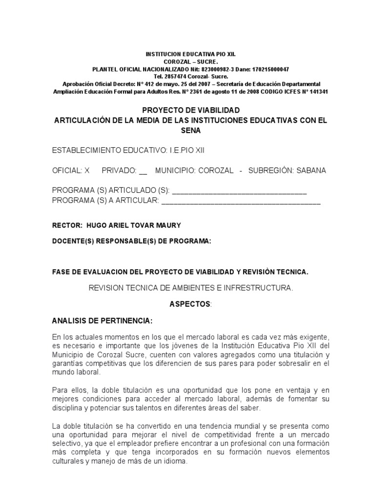 Proyecto de Viabilidad Articulación Sena Vigencia2022 | PDF | Plan de ...