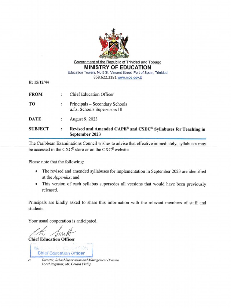 Memo - Revised & Amended CAPE & CSEC Syllabuses For Teaching in ...
