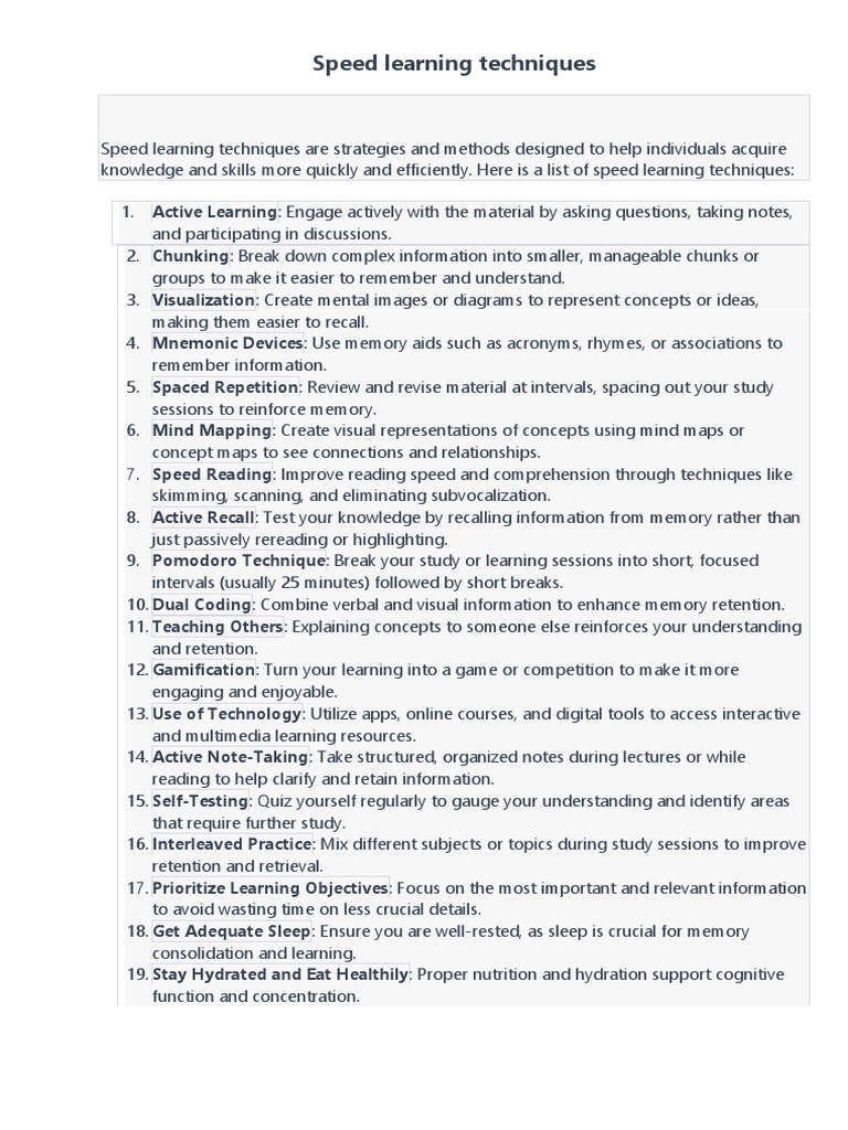 Speed Learning Techniques | PDF | Learning | Memory