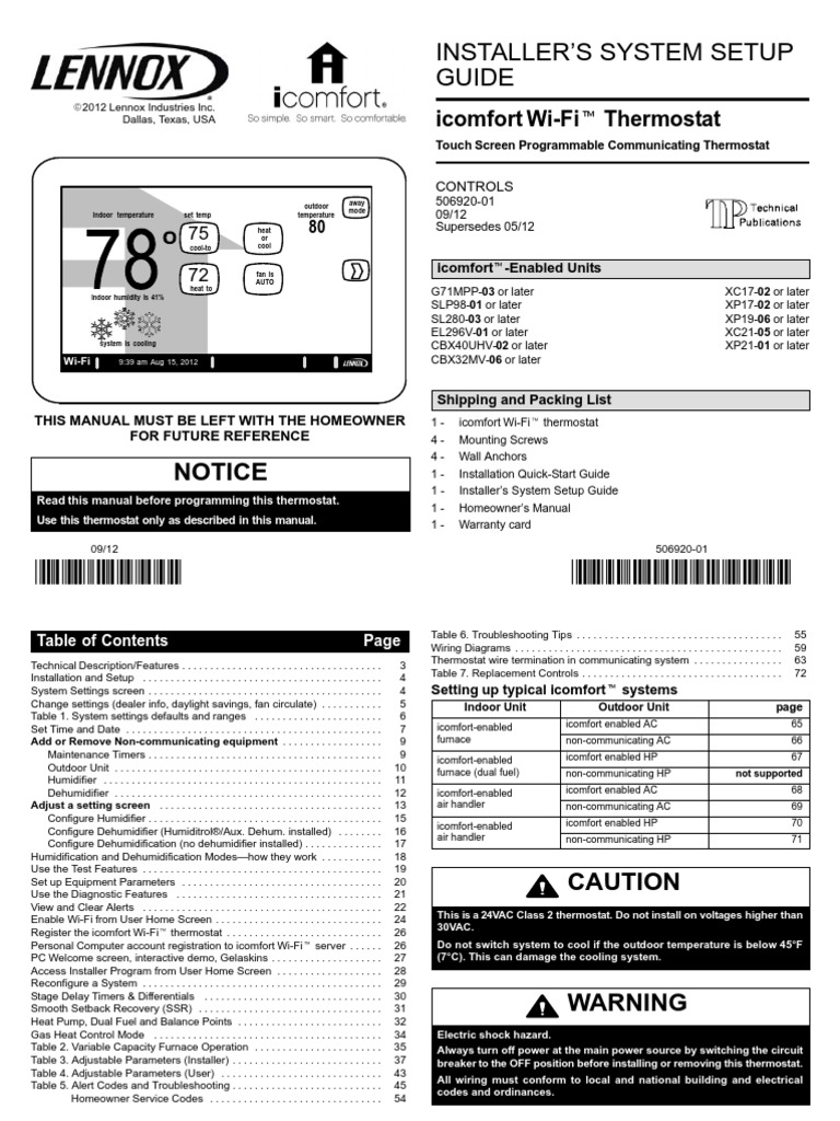 Lennox - Icomfort WiFi - Setup IOM 9 2012 | PDF | Thermostat | Equipment