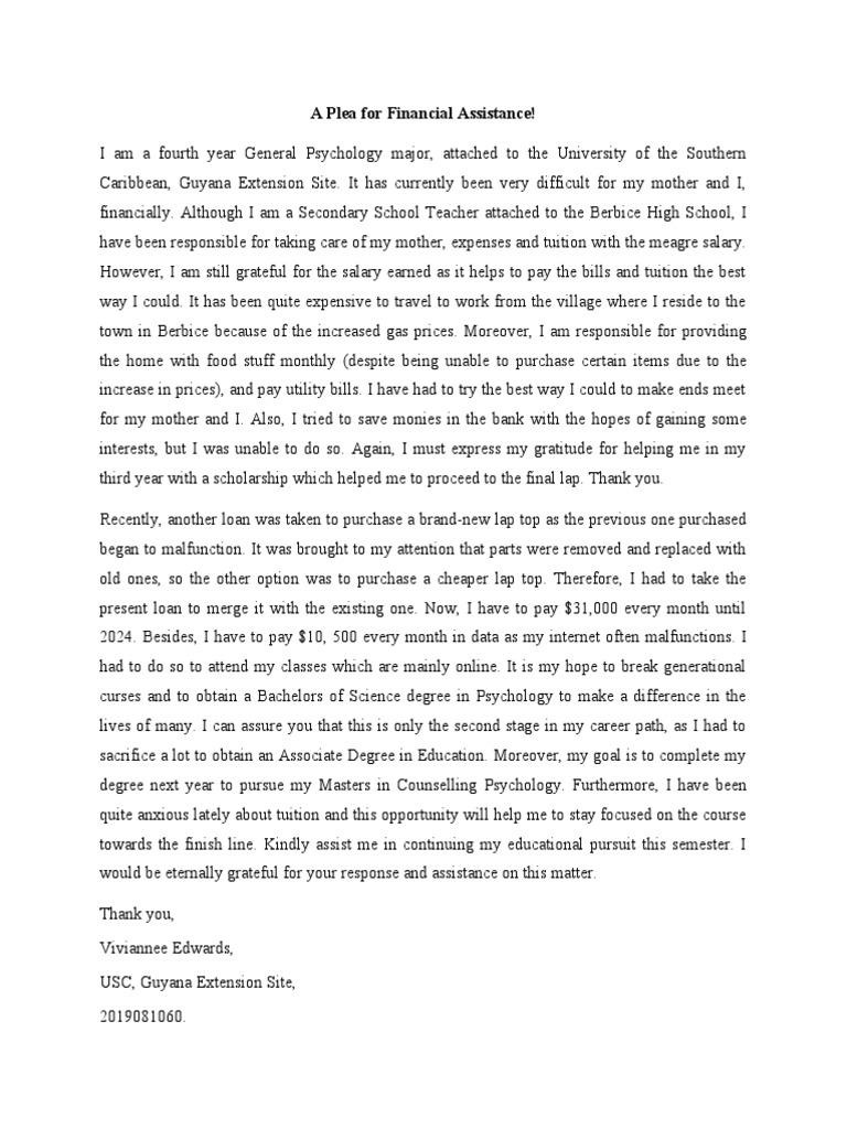 A Plea For Financial Assistance | PDF