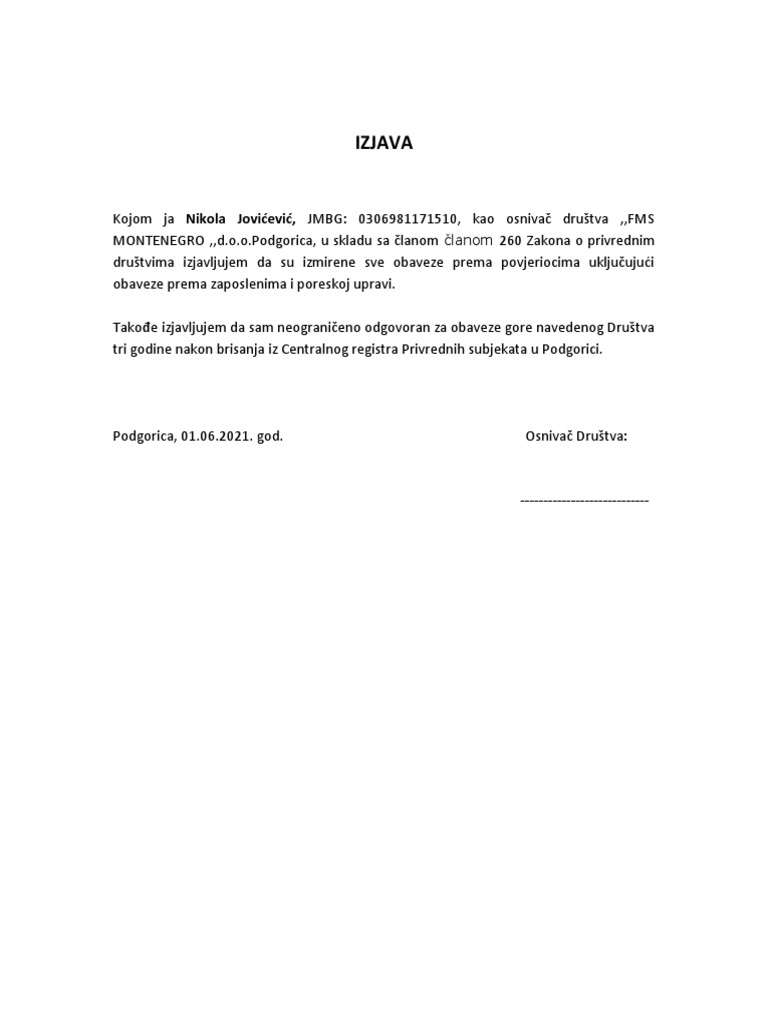 Izjava Dobrovoljna Likvidacija-Blanko | PDF