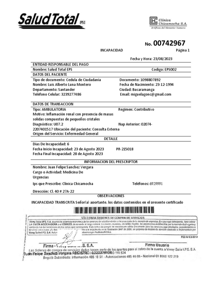 Salud Total Incapacidad Luna | PDF