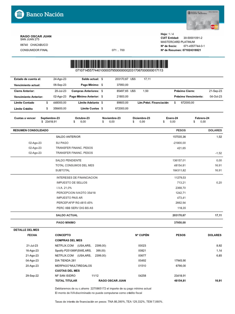 Resumen de Cuenta Mastercard Agosto 2023 | PDF | Tarjeta de crédito ...