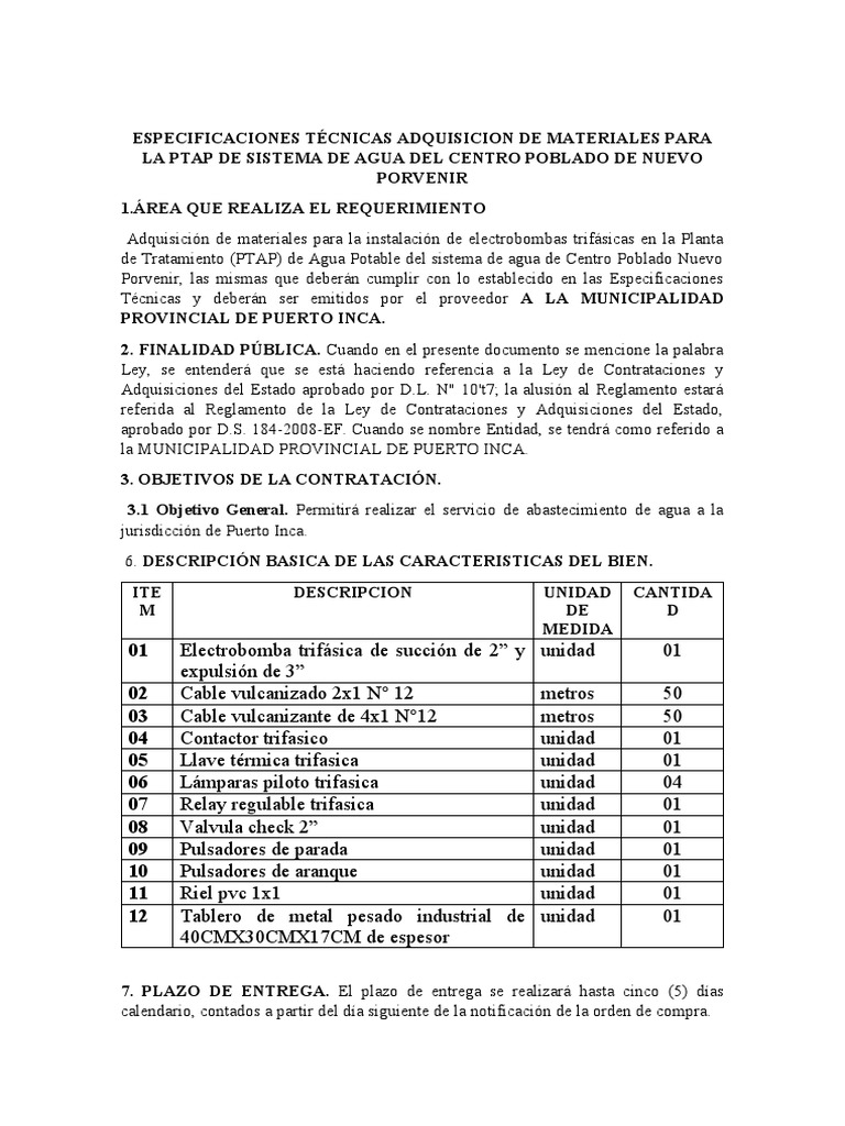 TDR de Compra de Materiales para La Ptap de Nuevo Porvenir | PDF | Hogar, jardinería y bricolaje