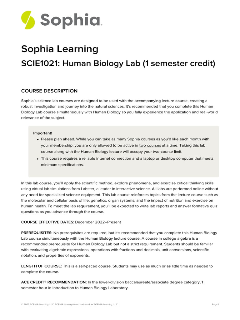 Sophia Human Biology Lab Syllabus | PDF | Skeletal Muscle | Nervous System