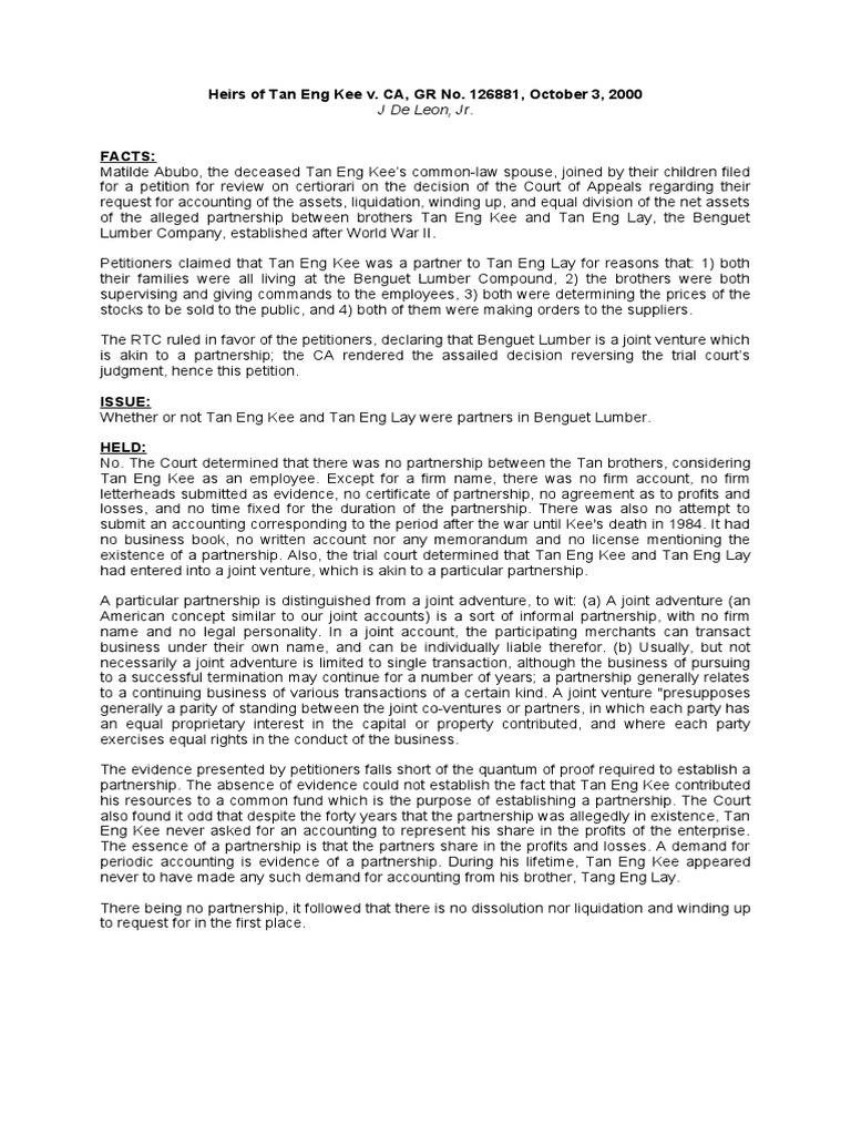 Heirs of Tan Eng Kee V CA | PDF | Partnership | Liquidation
