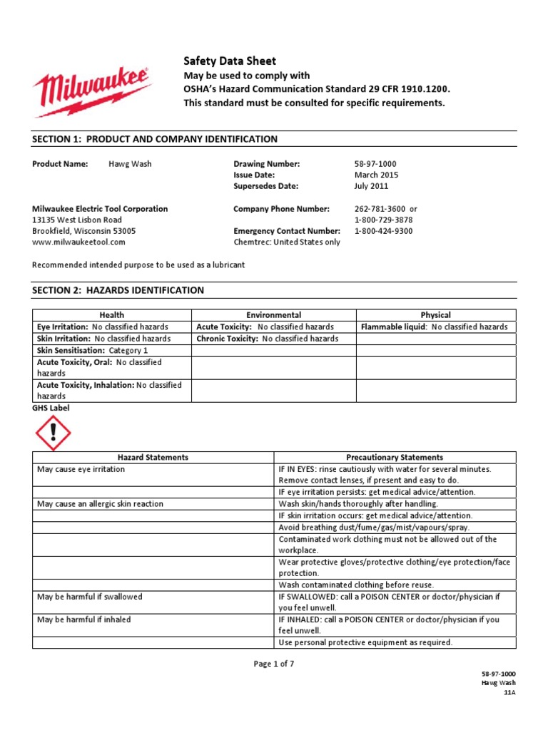58-97-1000 Milwaukee MSDS | PDF | Hazards | Toxicity