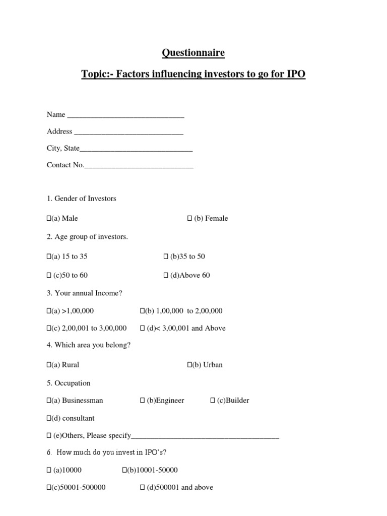 Questionnaire Topic:-Factors Influencing Investors To Go For IPO | PDF