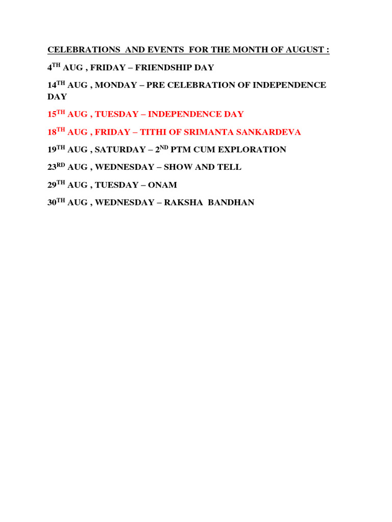 Celebrations and Events For The Month of August | PDF
