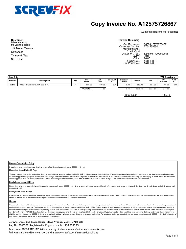 Screwfix Invoice and Returns Policy | PDF | Value Added Tax | Waste