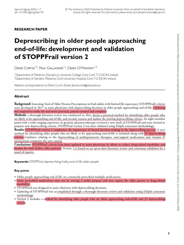 2020 AGEAGEING Deprescribing in Older People Approaching en of Life ...