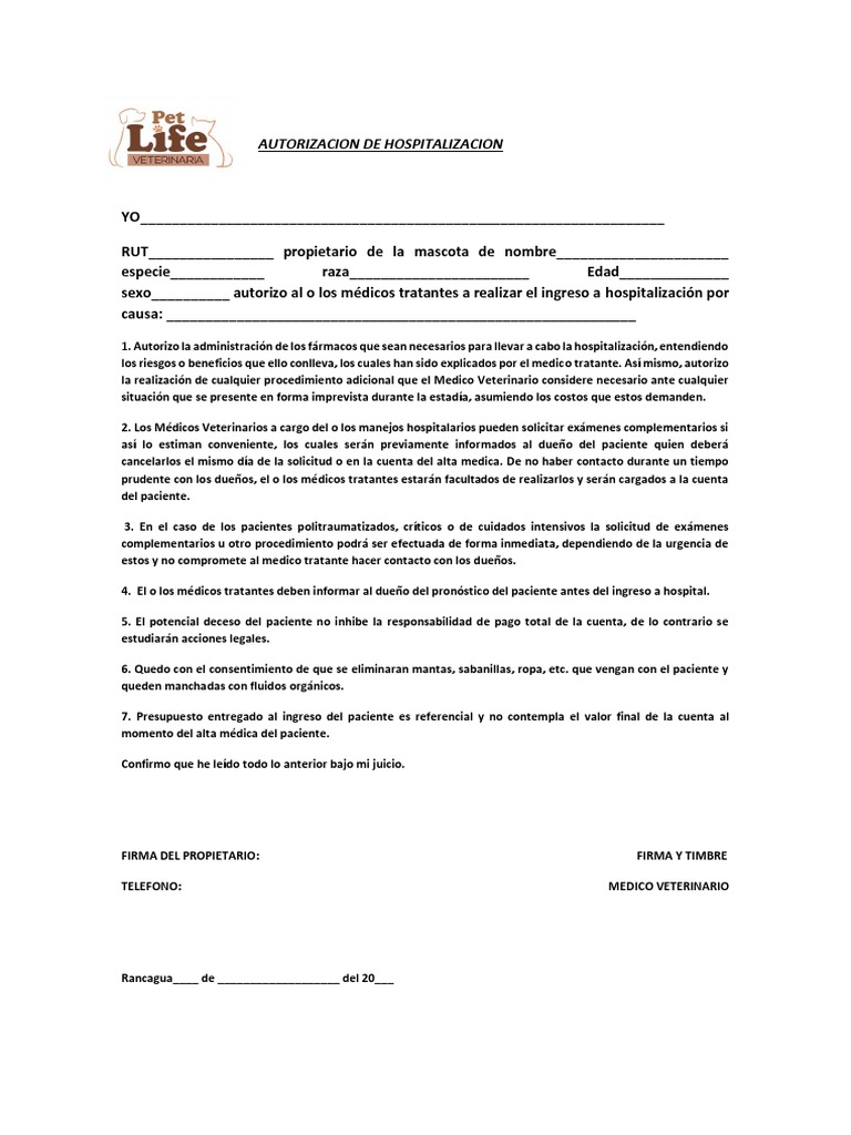 AUTORIZACION DE HOSPITALIZACION Mascotas | Descargar gratis PDF | Hospital | Medicina