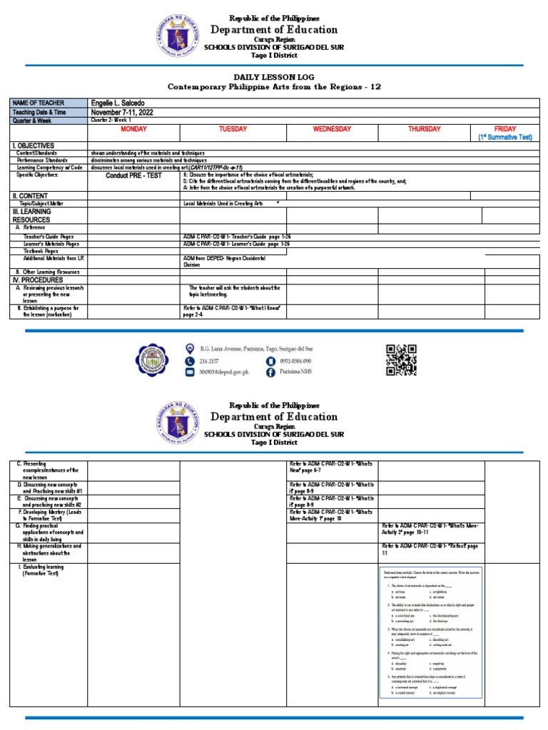 1st WEEK Q2 Contemporary Arts Weekly DLL Template | PDF | Learning ...
