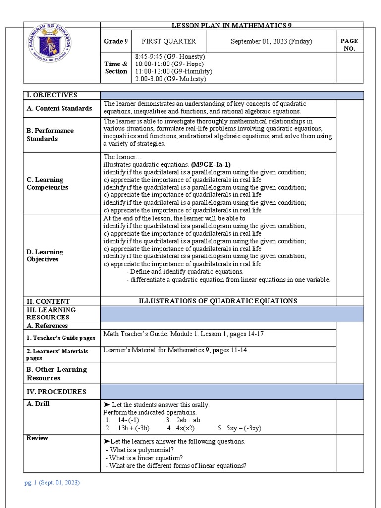Lesson3 - Illustrating Quadratic Equations | PDF | Equations | Mathematics