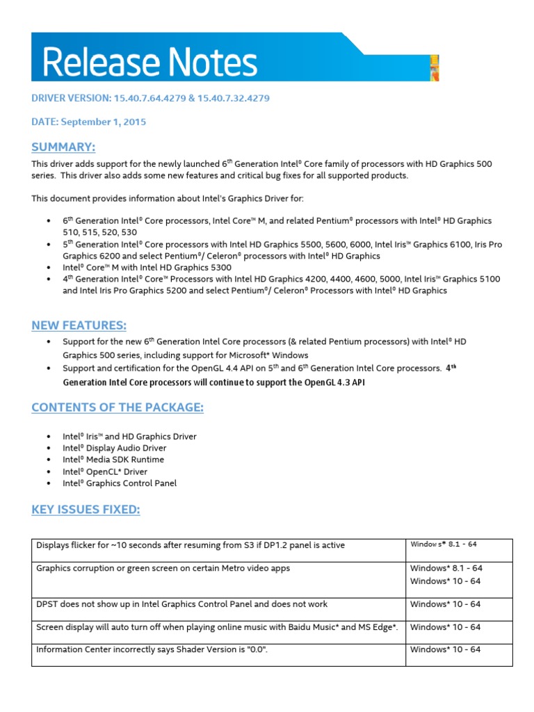 Releasenotes GFX 15.40.7.4279 | PDF | Intel | 64 Bit Computing