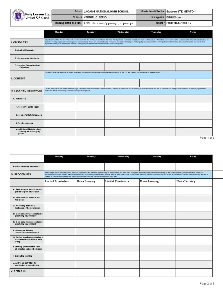 Lesson Log-Sample For Blended Learning | PDF | Learning | Educational ...