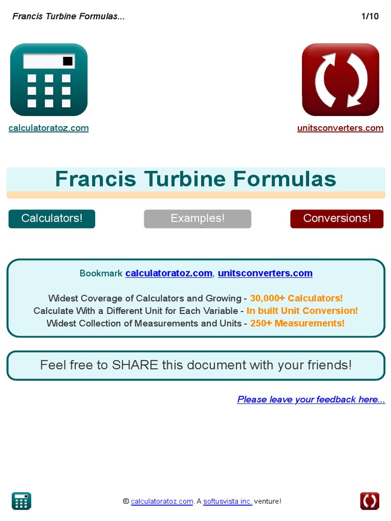 Francis Turbine Formulas - en | PDF | Turbine | Gas Technologies