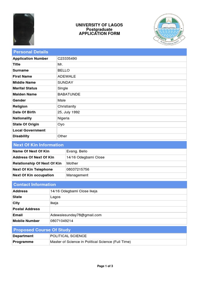 ApplicationFormPrintOut BELLO ADEWALE | PDF | Academic Degree ...