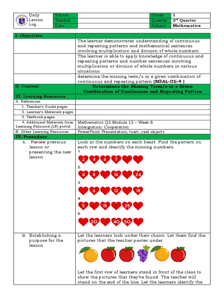 Grade 3 Math Missing Pattern | PDF | Learning | Teachers