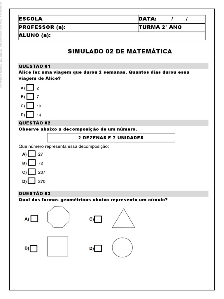 02 Simulado de Matematica - 2 Ano | PDF