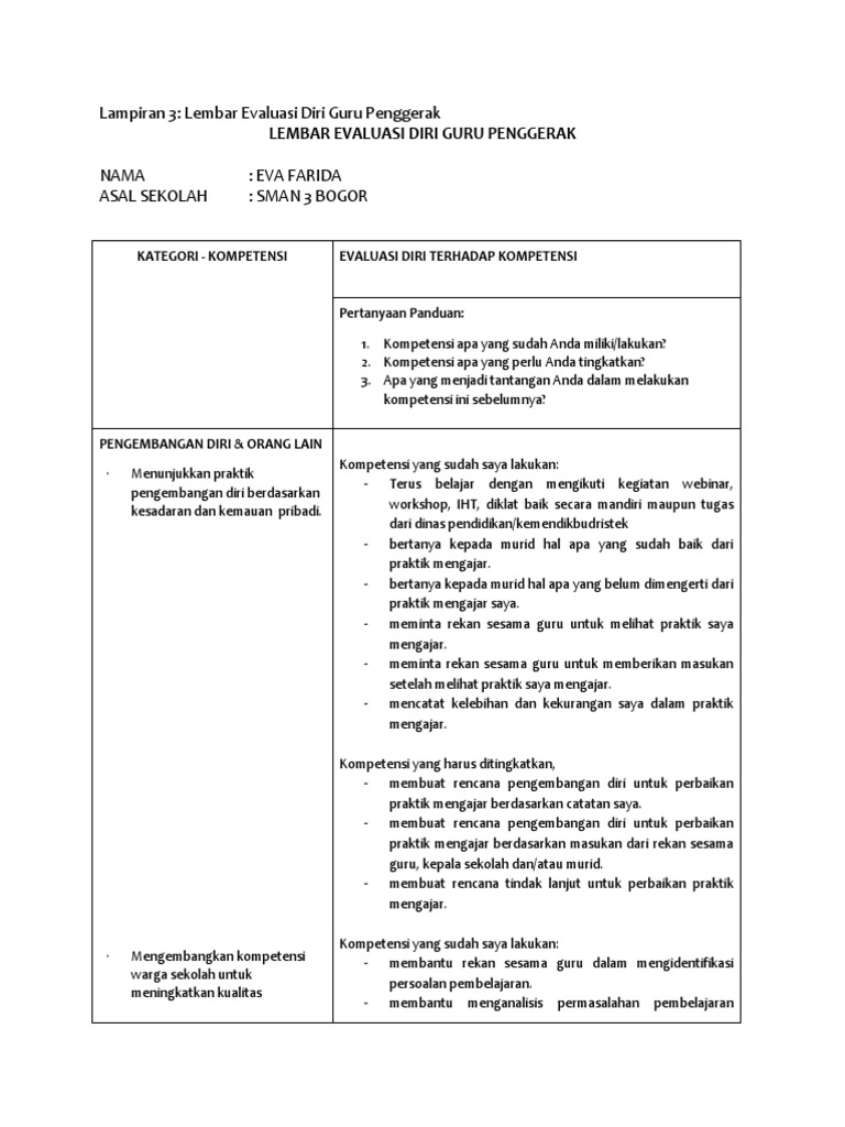 Eva Farida - Lampiran 3 - Lembar Evaluasi Diri Guru Penggerak | PDF