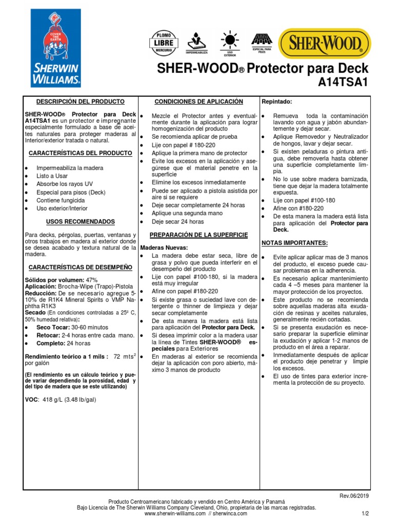 HojaTecnica-Protector para Deck Base Agua Impermeabilizante Madera Sherwin William | PDF | Madera