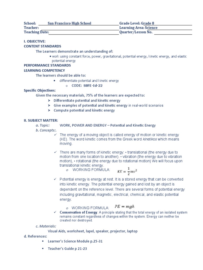 G8 DLL Potential and Kinetic Energy | PDF | Kinetic Energy | Potential ...