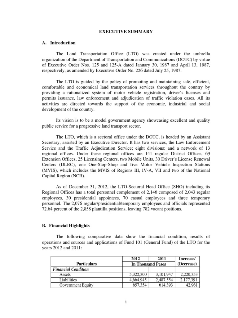Land Transportation Office Executive Summary 2012 | PDF | Business | Economies