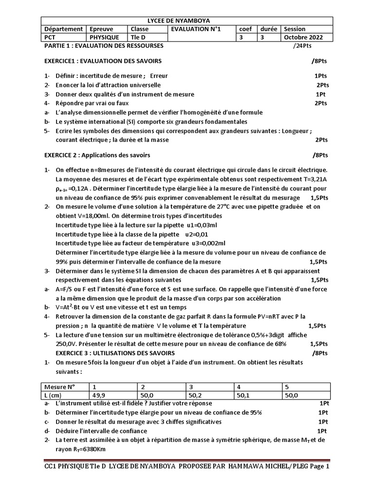 Eval 1 PHY Tled | PDF | Masse | Physique