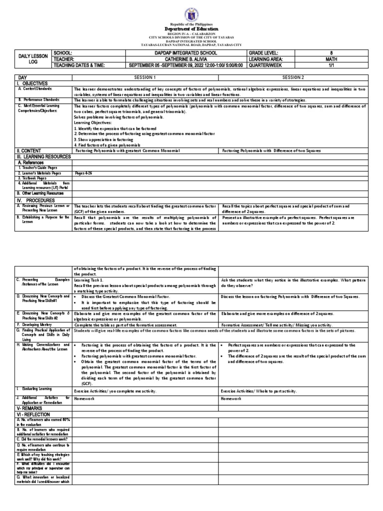 Math 8 DLL Q1 Week 1 | PDF | Factorization | Polynomial