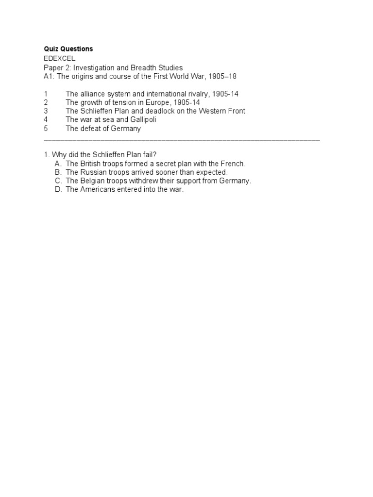 A1 - The Origins and Course of The First World War, 1905-18, Quiz | PDF