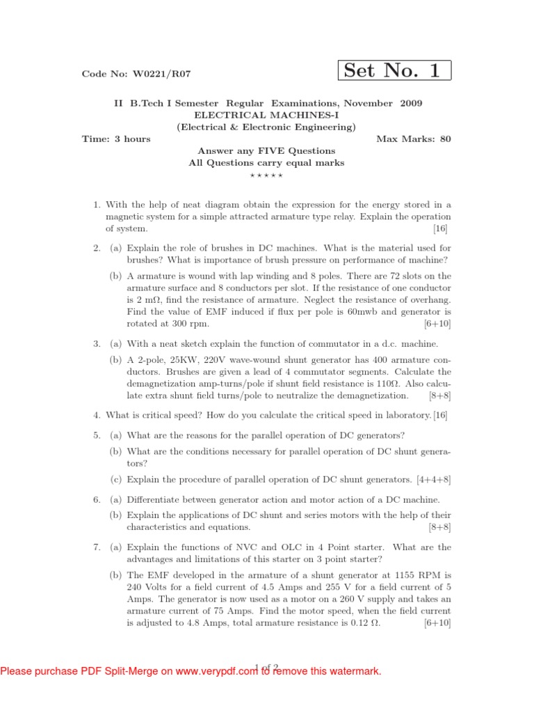 Electrical Machines I Exam Questions | PDF | Electric Motor | Magnetic ...
