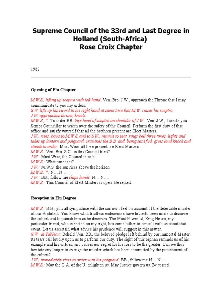 Chapter of Rose Croix Ritual (18º, Supreme Council of Holland (South ...