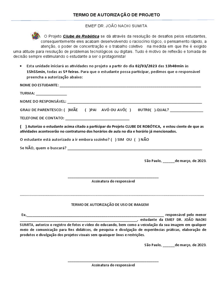 Termo De Autorização De Projeto Pdf