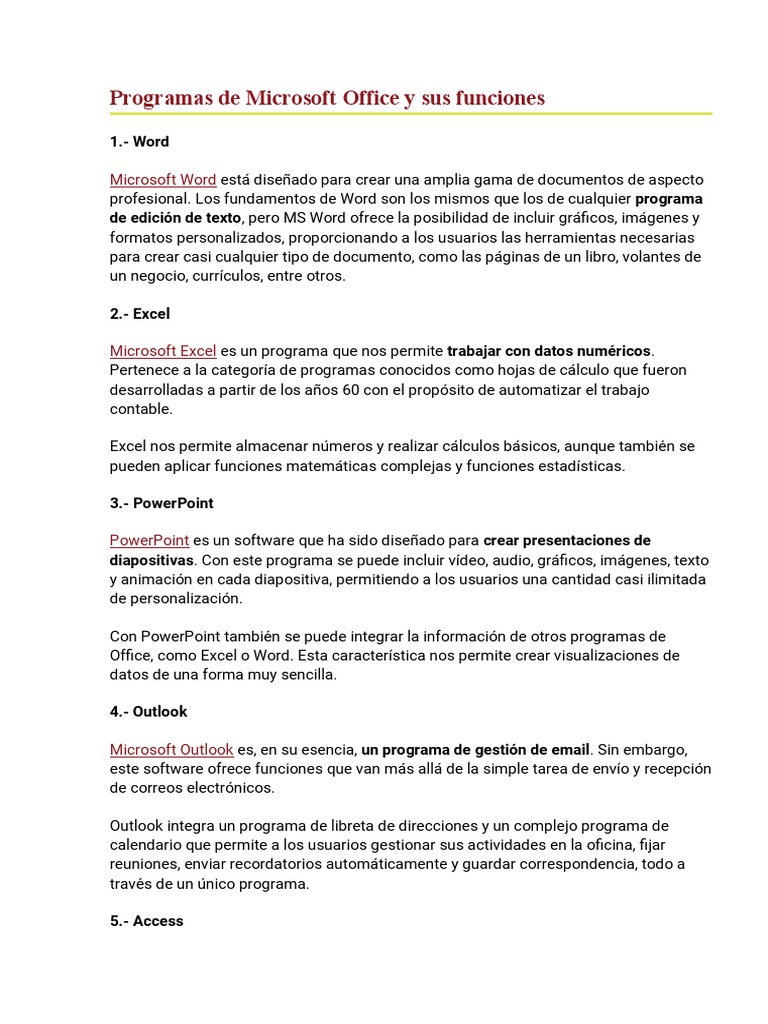 Programas de Microsoft Office y Sus Funciones | PDF | Microsoft PowerPoint | Microsoft Excel