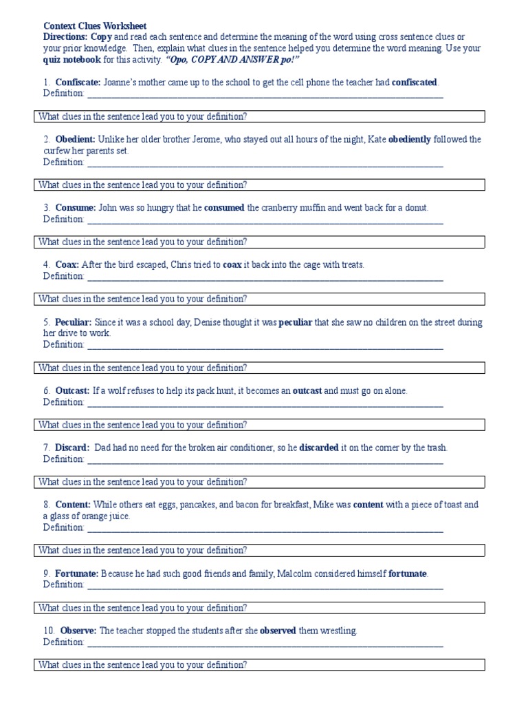 Week1 Worksheet 1 - Context Clues | PDF | Language Arts & Discipline