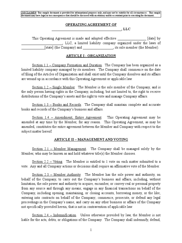 Single Member LLC Operating Agreement | PDF | Indemnity | Limited ...