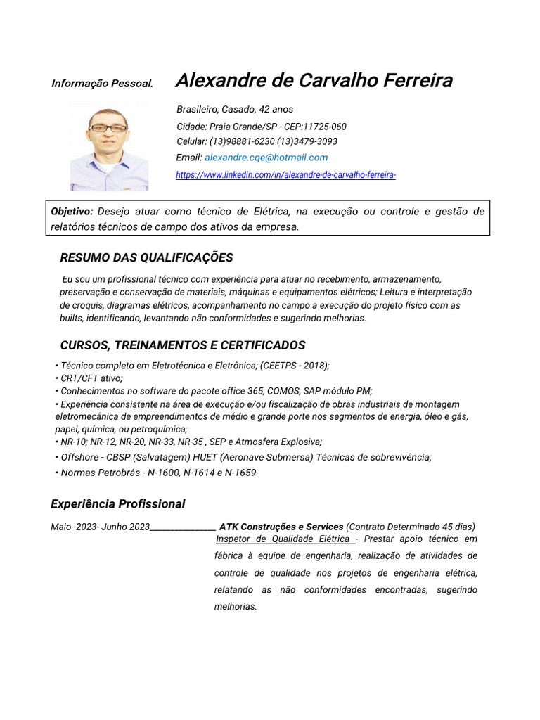 CV Alexandre 07 23 | PDF | Engenharia Elétrica | Engenharia